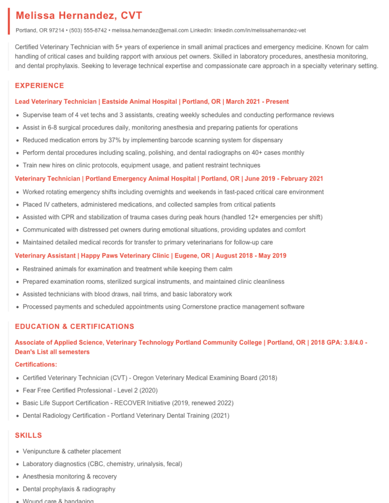 Veterinary Technician Resume Examples & Templates 2025 - Resume.AI