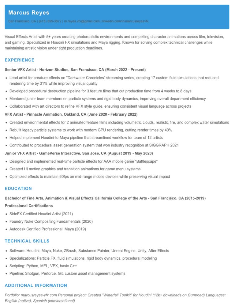 Visual Effects Artist Resume Examples & Templates 2025 - Resume.AI