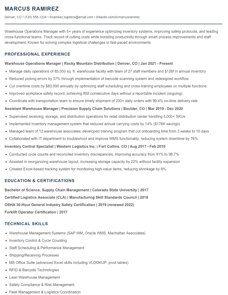 Warehouse Manager Resume Examples & Templates 2025 - Resume.AI