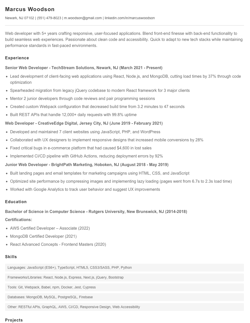 Web Developer Resume Examples & Templates 2025 - Resume.AI