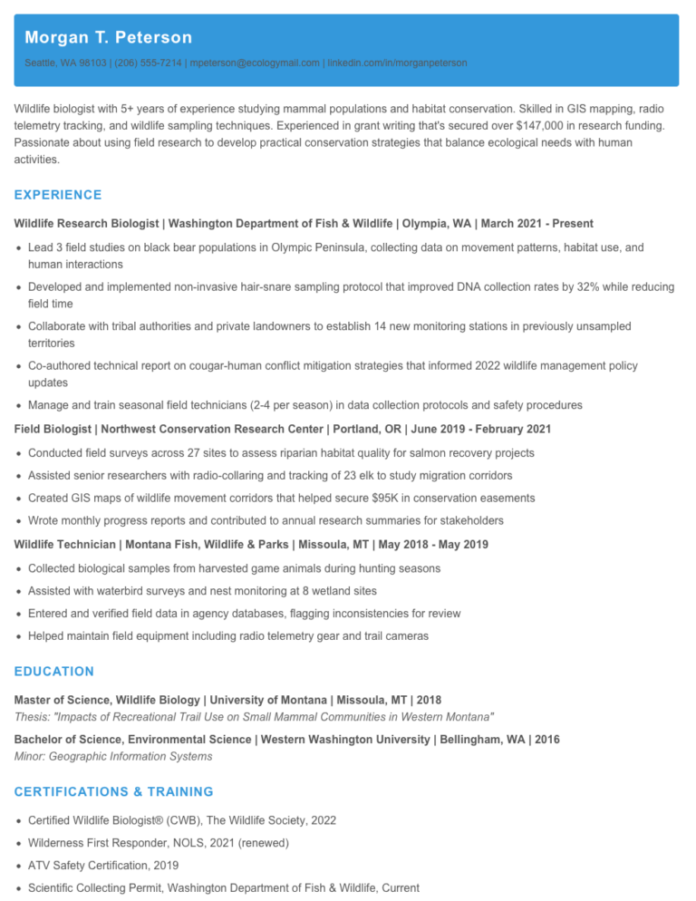 Wildlife Biologist Resume Examples & Templates 2025 - Resume.AI