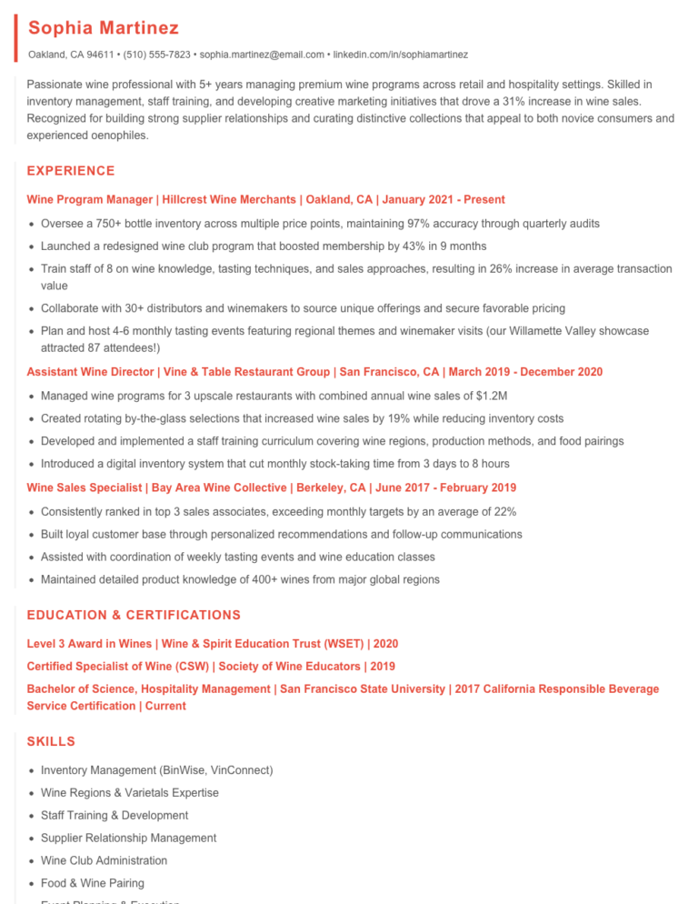 Wine Manager Resume Examples & Templates 2025 - Resume.AI