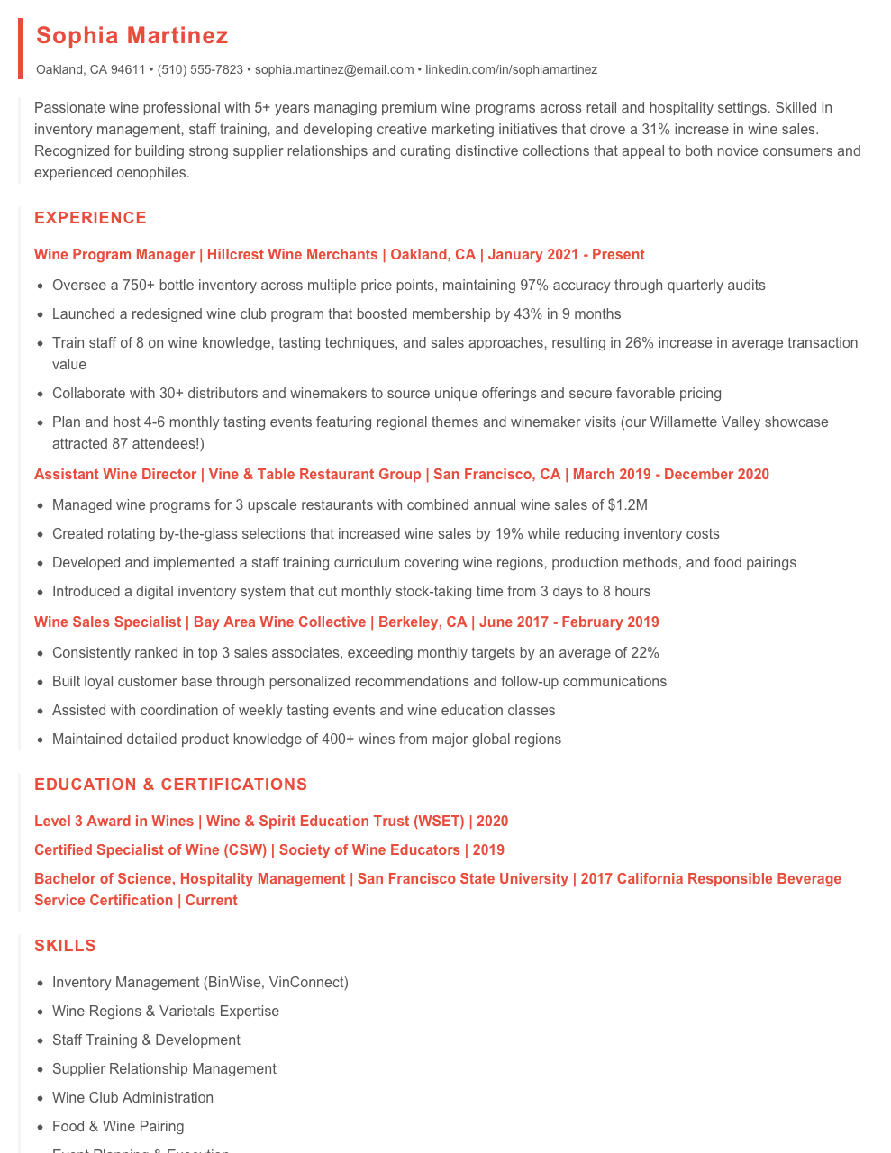 Wine Manager Resume Examples & Templates 2025 - Resume.AI