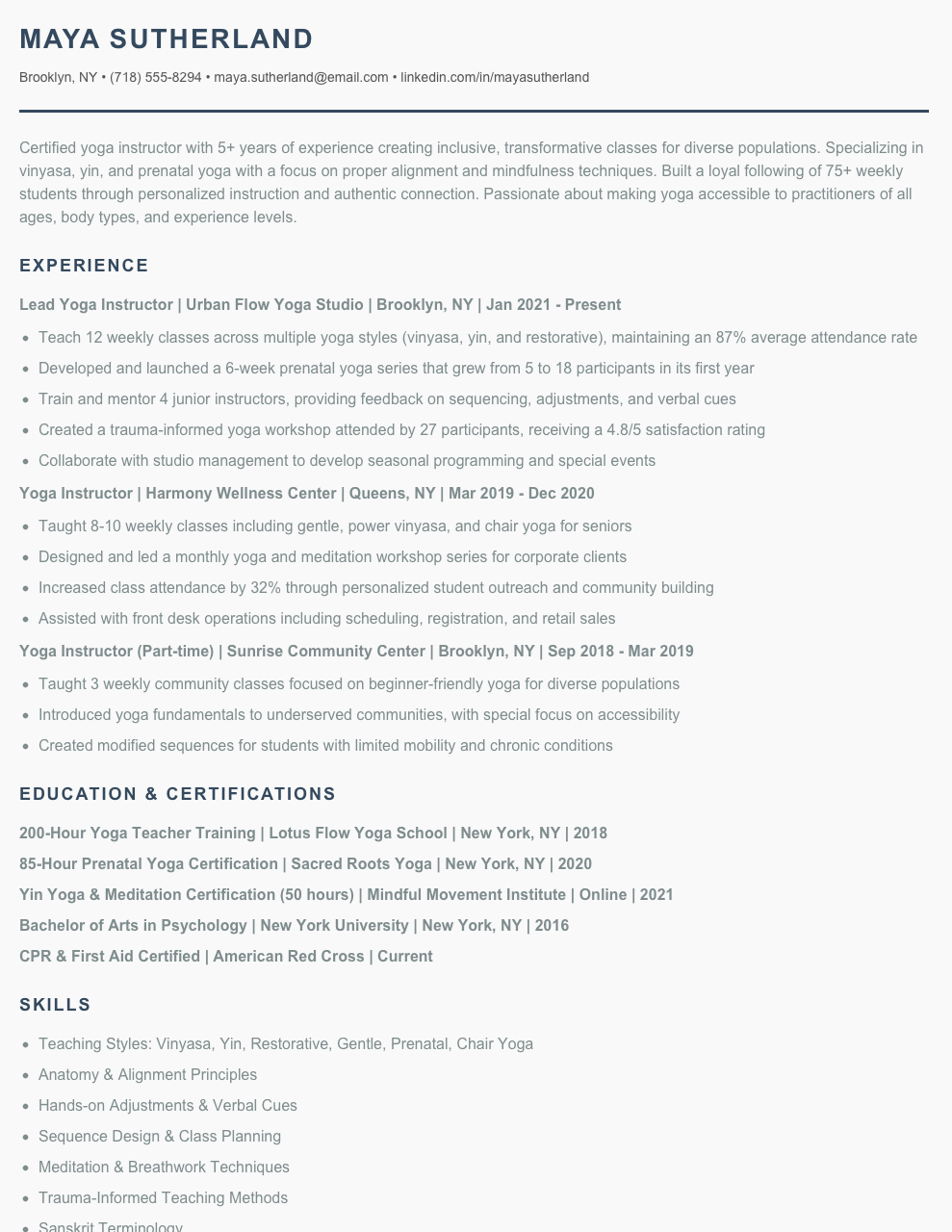 Yoga Instructor Resume Examples & Templates 2025 - Resume.AI