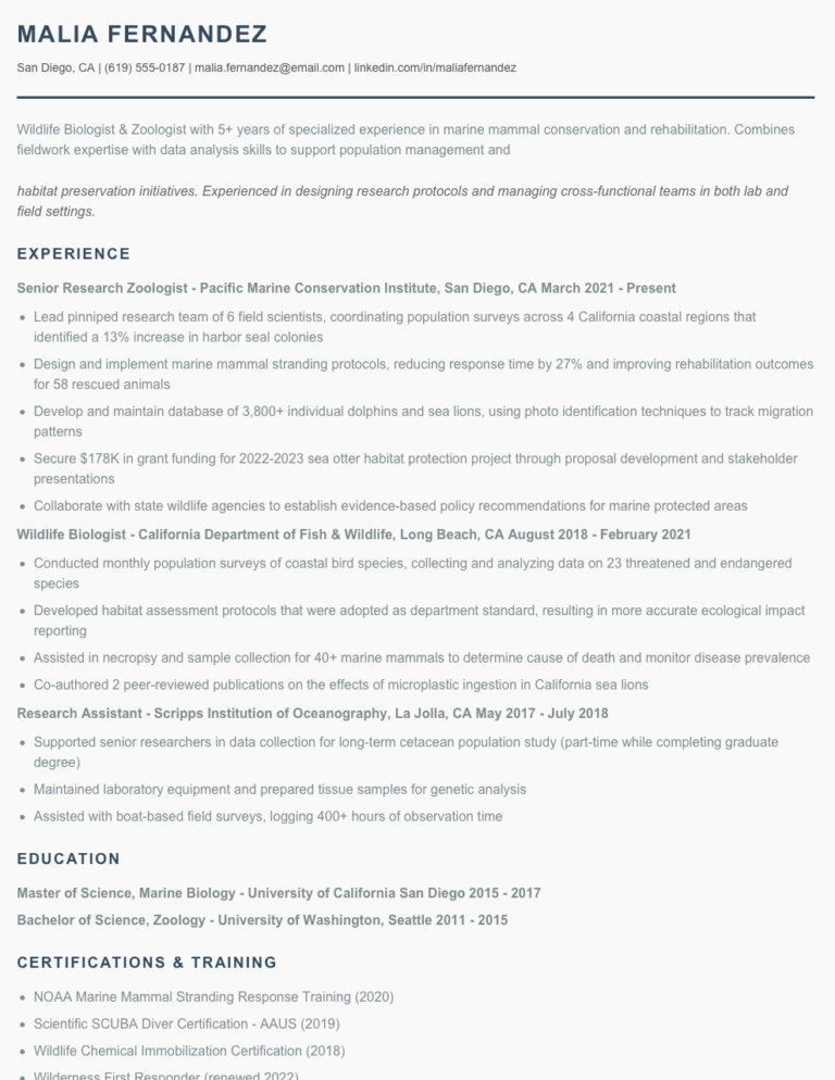 Zoologist Resume Examples & Templates 2025 - Resume.AI