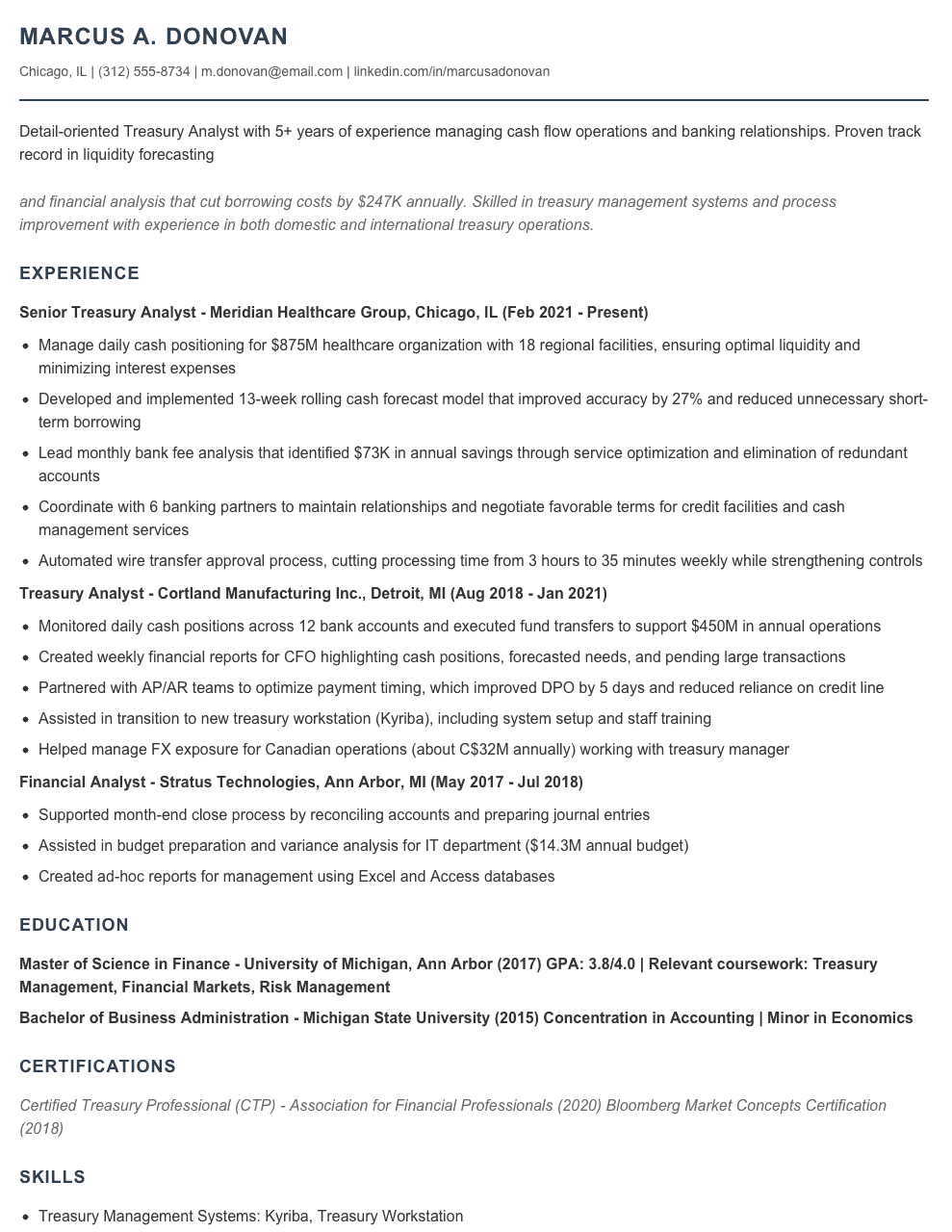 Treasury Analyst Resume Examples & Templates 2025 - Resume.AI